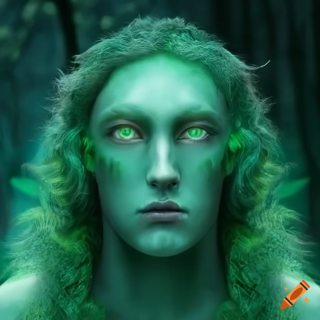Portrait of a male forest spirit with green skin and green eyes on Craiyon