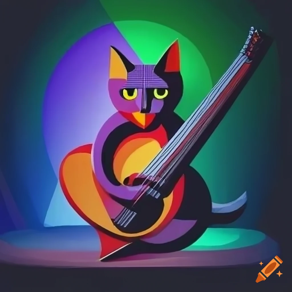 Cubist artwork of a cat playing guitar