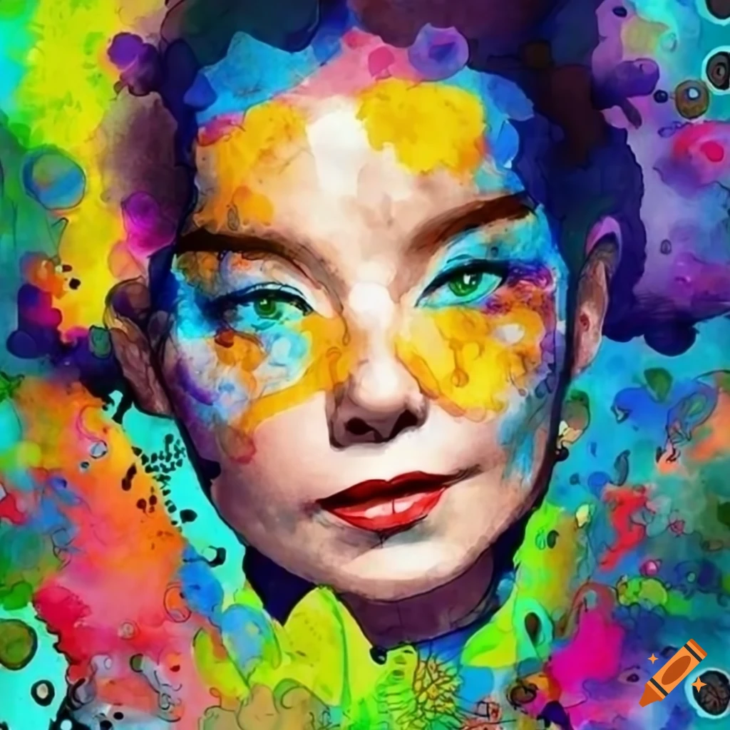 Colorful cartoon illustration of bjork on Craiyon