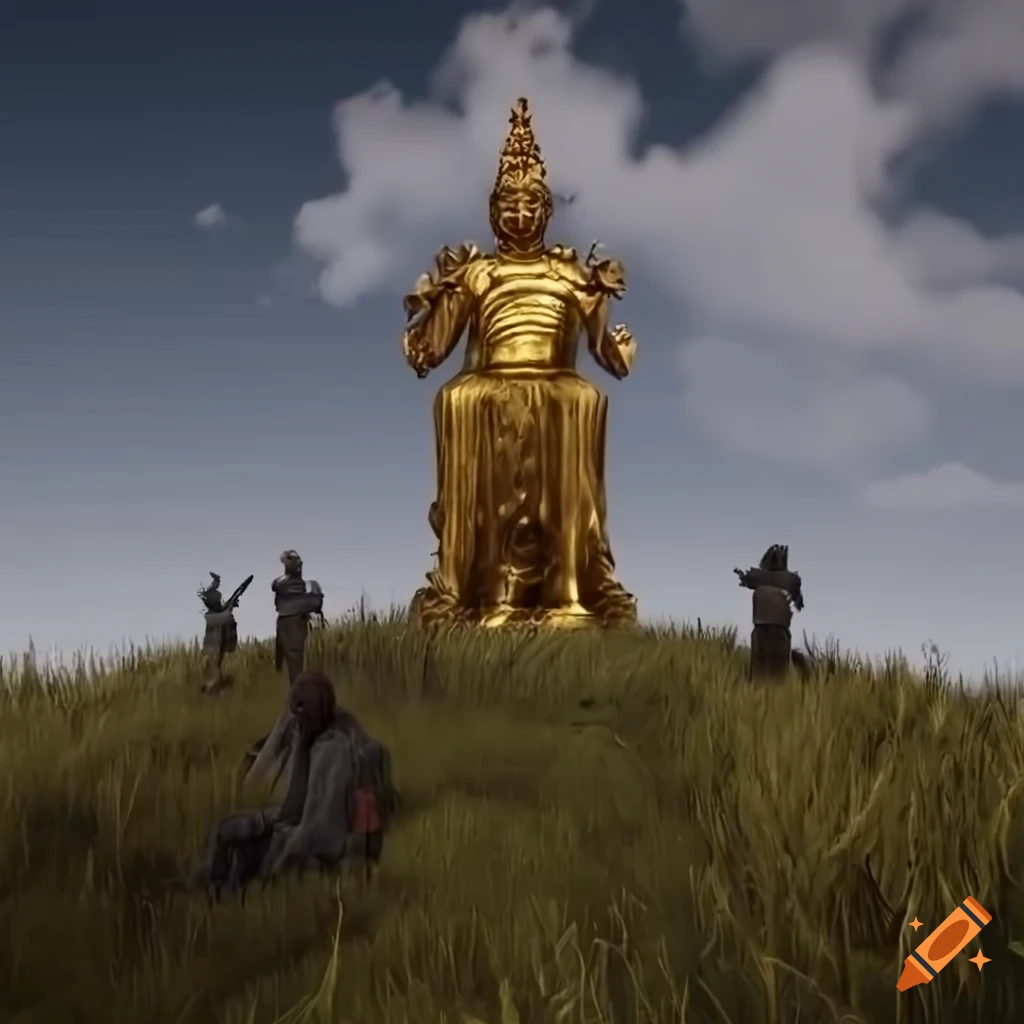 Painting of a group of believers worshipping a golden sky god on Craiyon