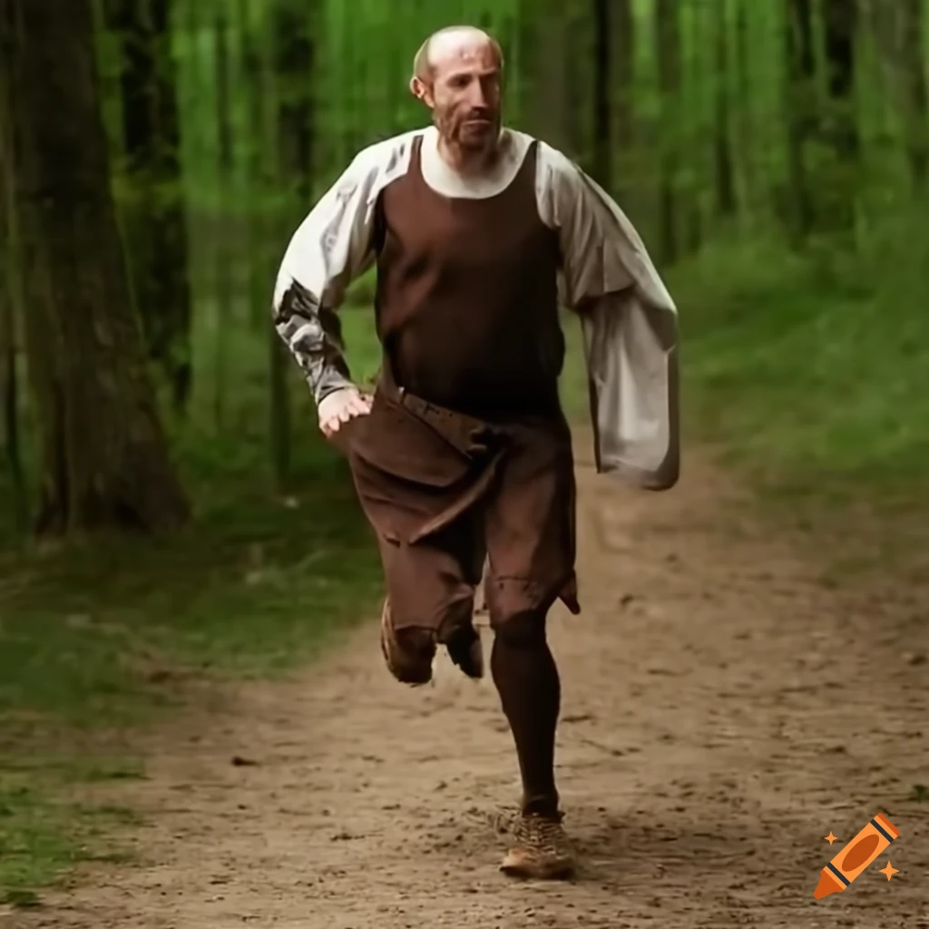Medieval man running down a dirt road