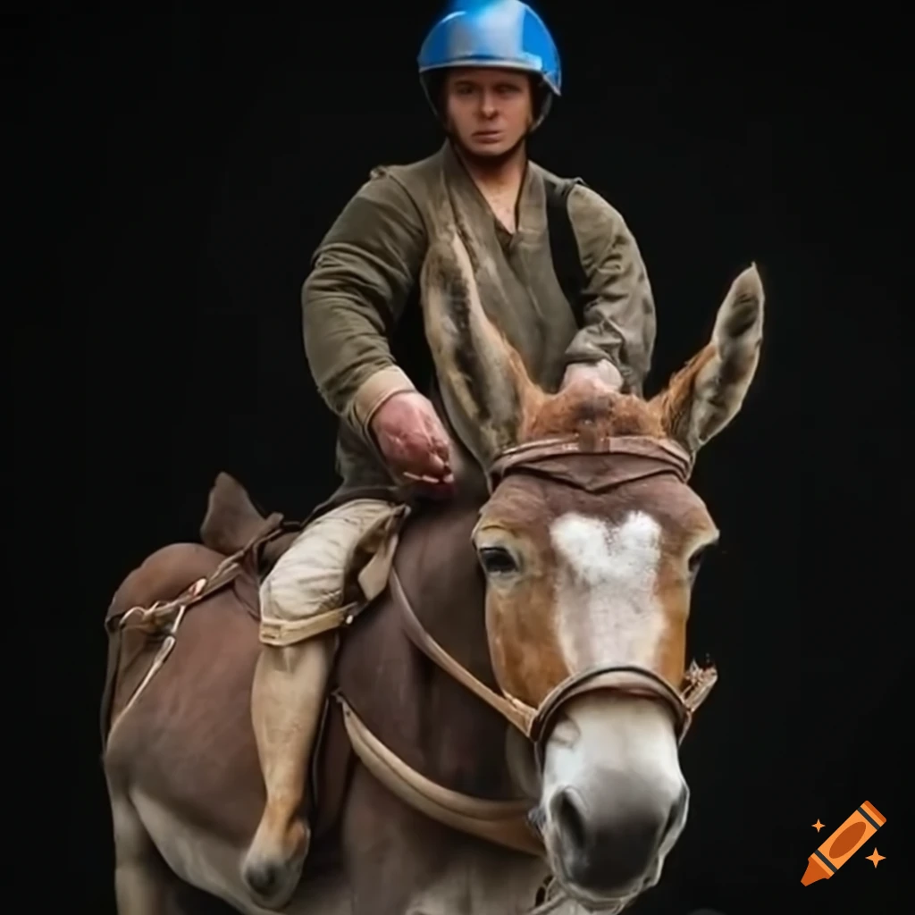 Person riding a mule with a helmet on Craiyon