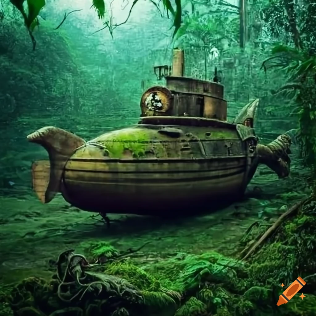 Steampunk submarine covered in moss among Mayan ruins on Craiyon