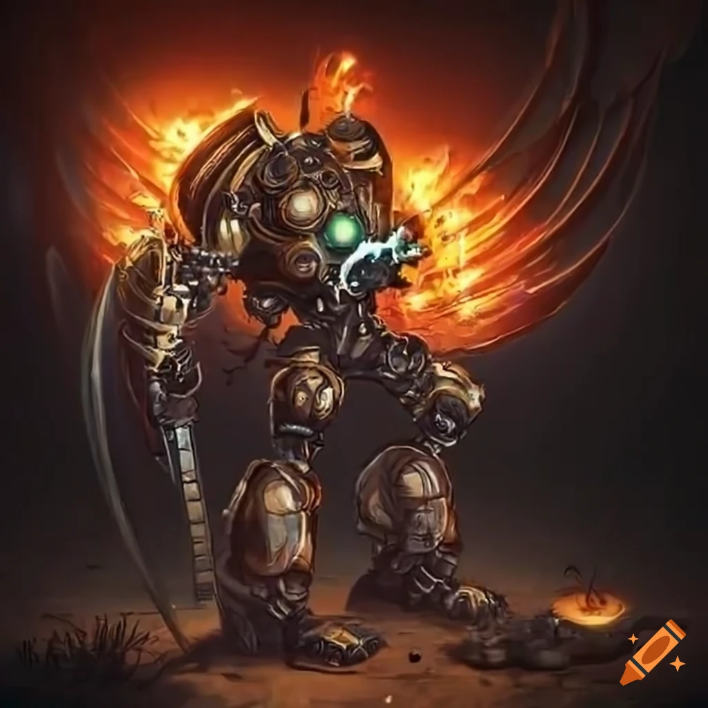 Construction robot with engine head in a fantasy setting on Craiyon