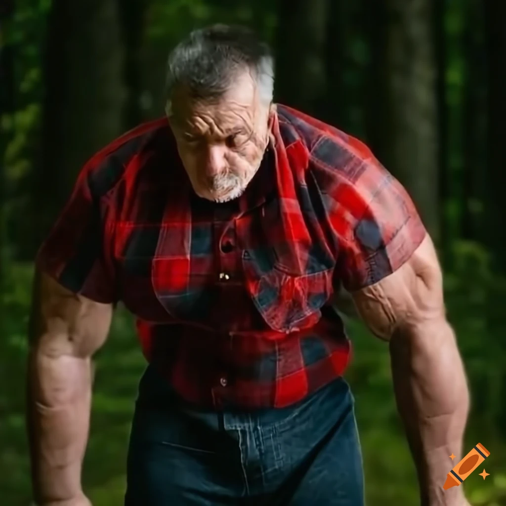 Image of an elderly man with big arms in a flannel shirt outdoors on ...