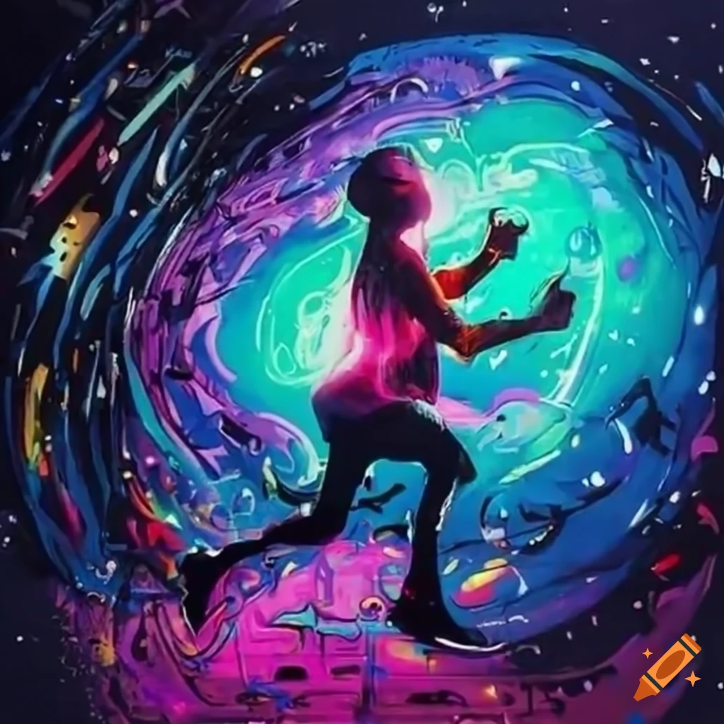Colorful psychedelic graffiti of a man running in the city under the ...