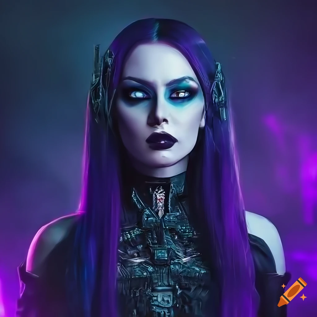 Digital art of a cyberpunk vampire with long purple hair on Craiyon