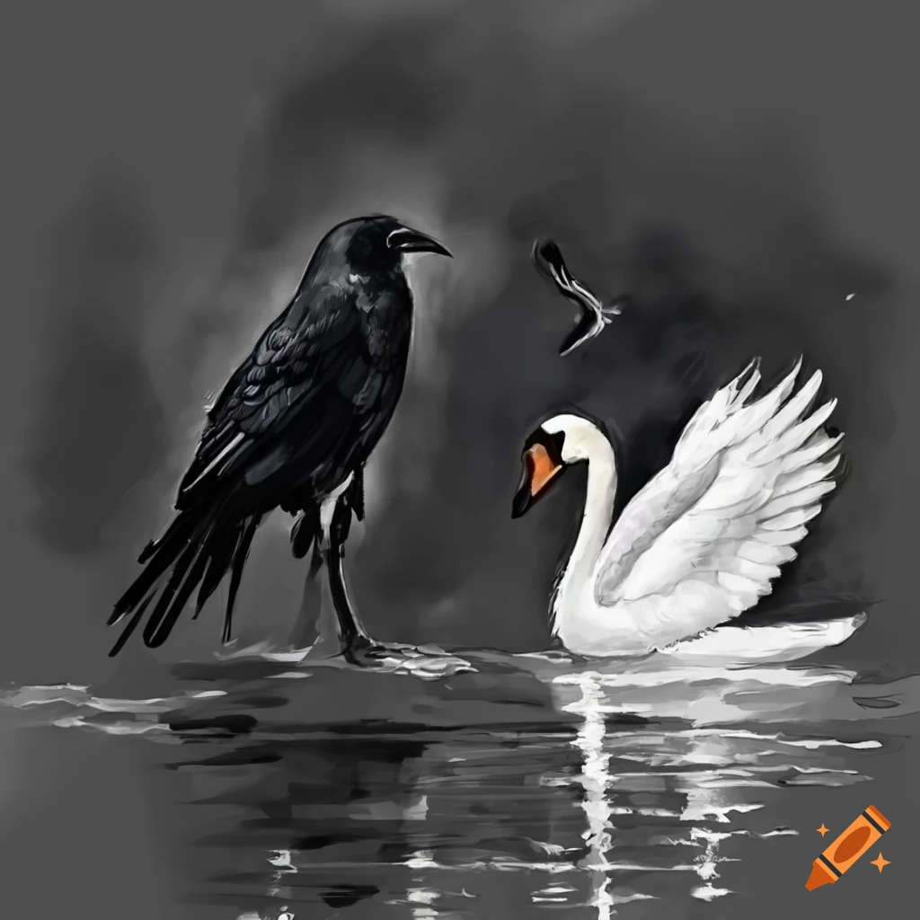 Image of a raven and swan showing affection on Craiyon