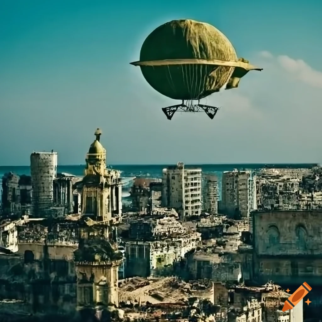 Mayan airship over tropical steampunk cityscape on Craiyon