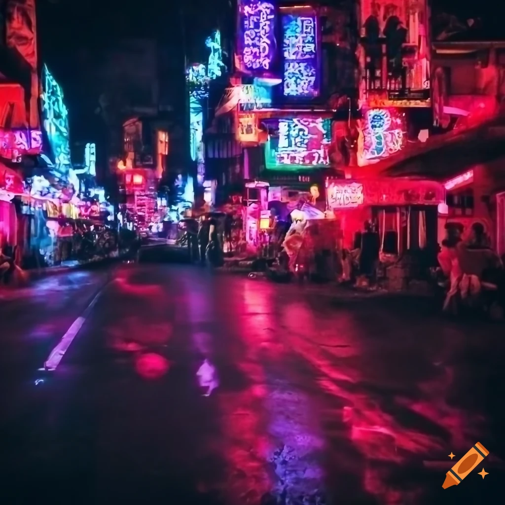 Night scene with neon lights in thailand on Craiyon