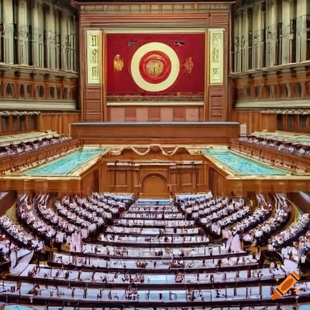 Interior of north korea parliament with speaker