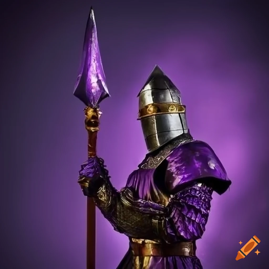 Image of a knight with purple armor and amethyst spear on Craiyon