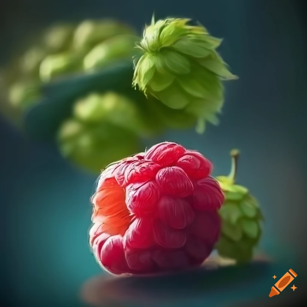 Closeup of photorealistic hops and raspberries artwork