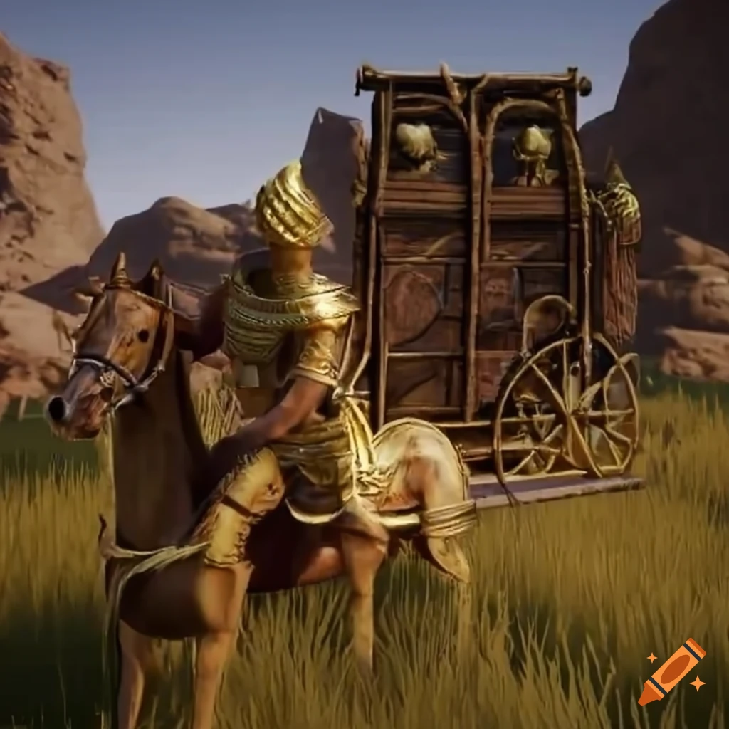 Unreal engine 5 rendering of a warrior on a golden chariot on Craiyon