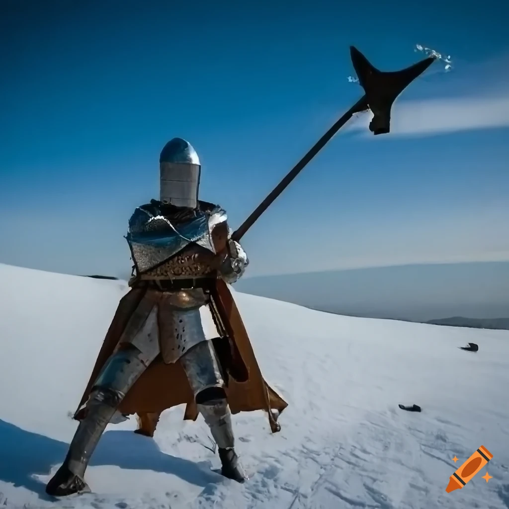 Cardboard knight on a snowy hill
