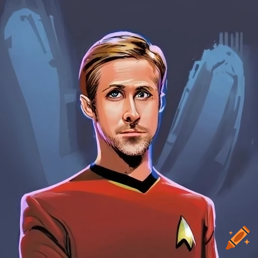 Pulp comic art of ryan gosling as captain of the starship enterprise