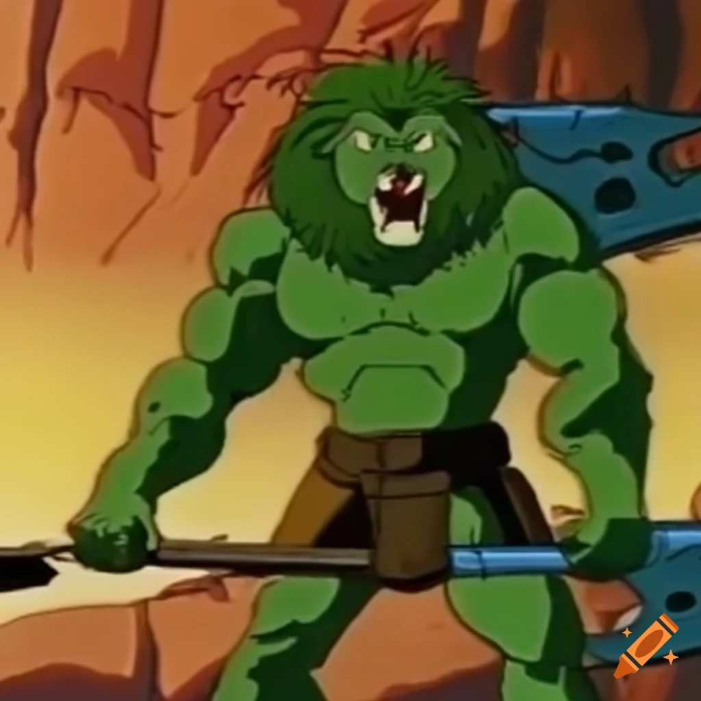 90s anime green lion warrior in battle on Craiyon