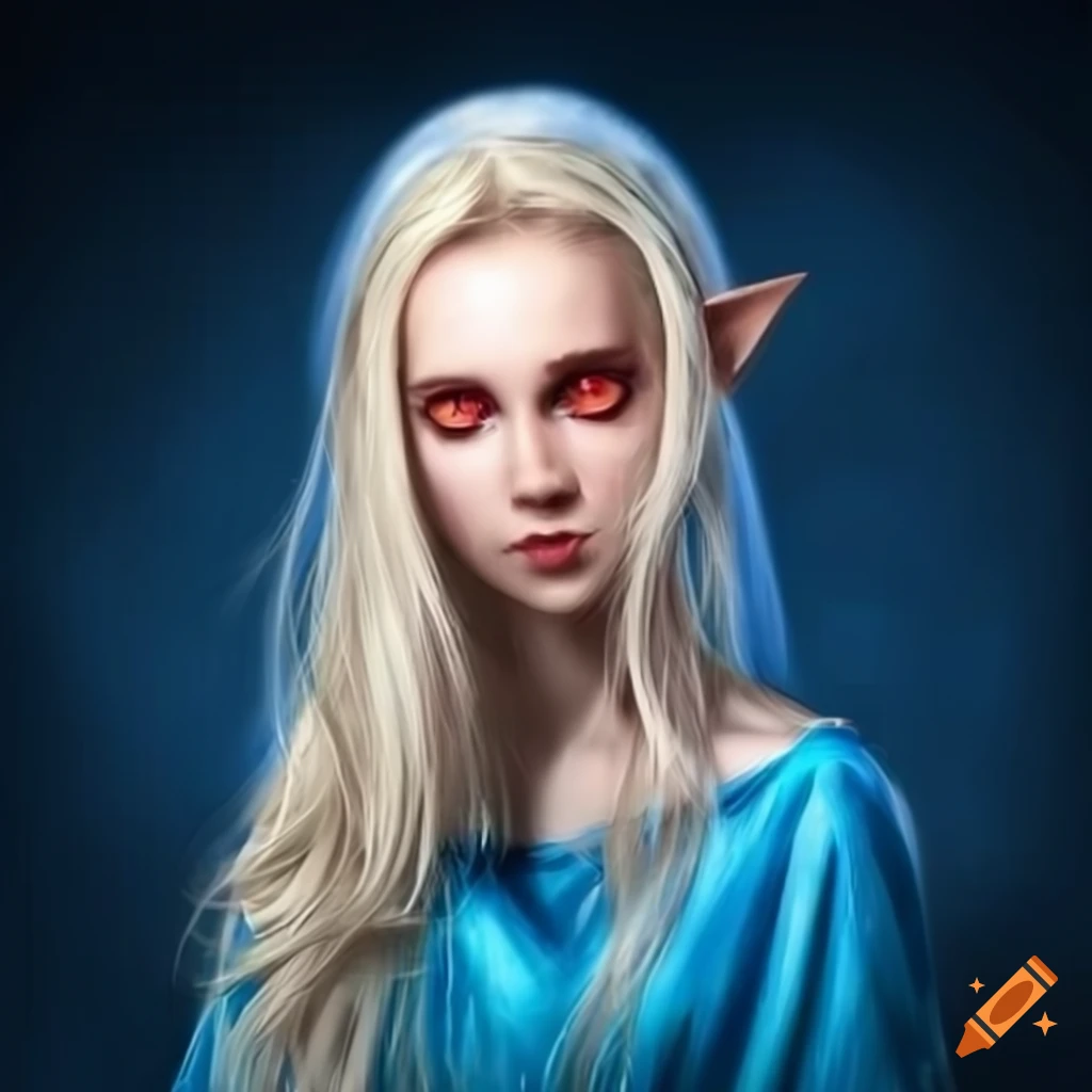 Photo of a blonde elf with red eyes in a blue robe on Craiyon