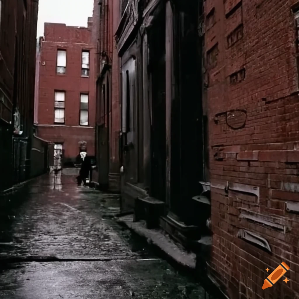 Dark, rain-soaked new york alleyway at night