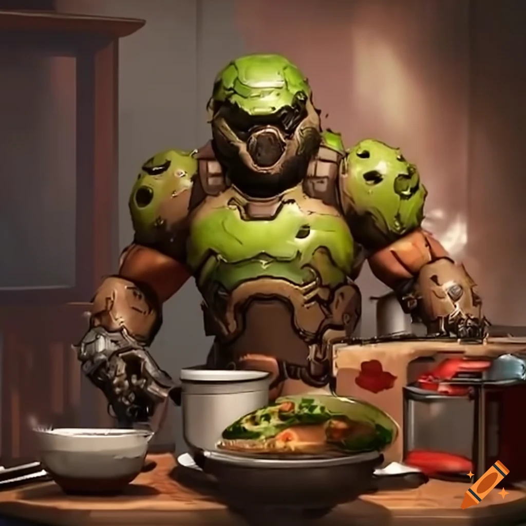 Doom slayer wearing a chef hat and cooking on Craiyon