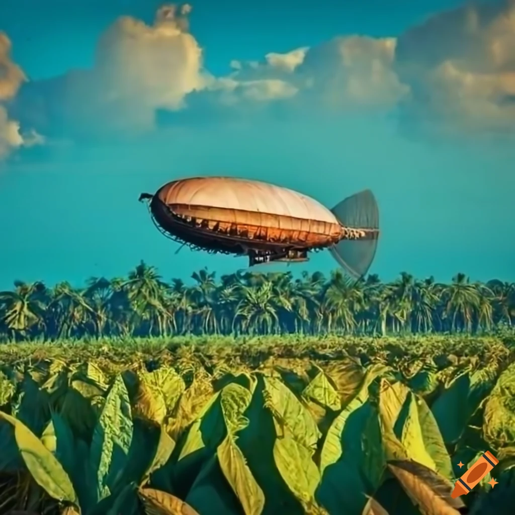 Airship flying over tropical tobacco plantations