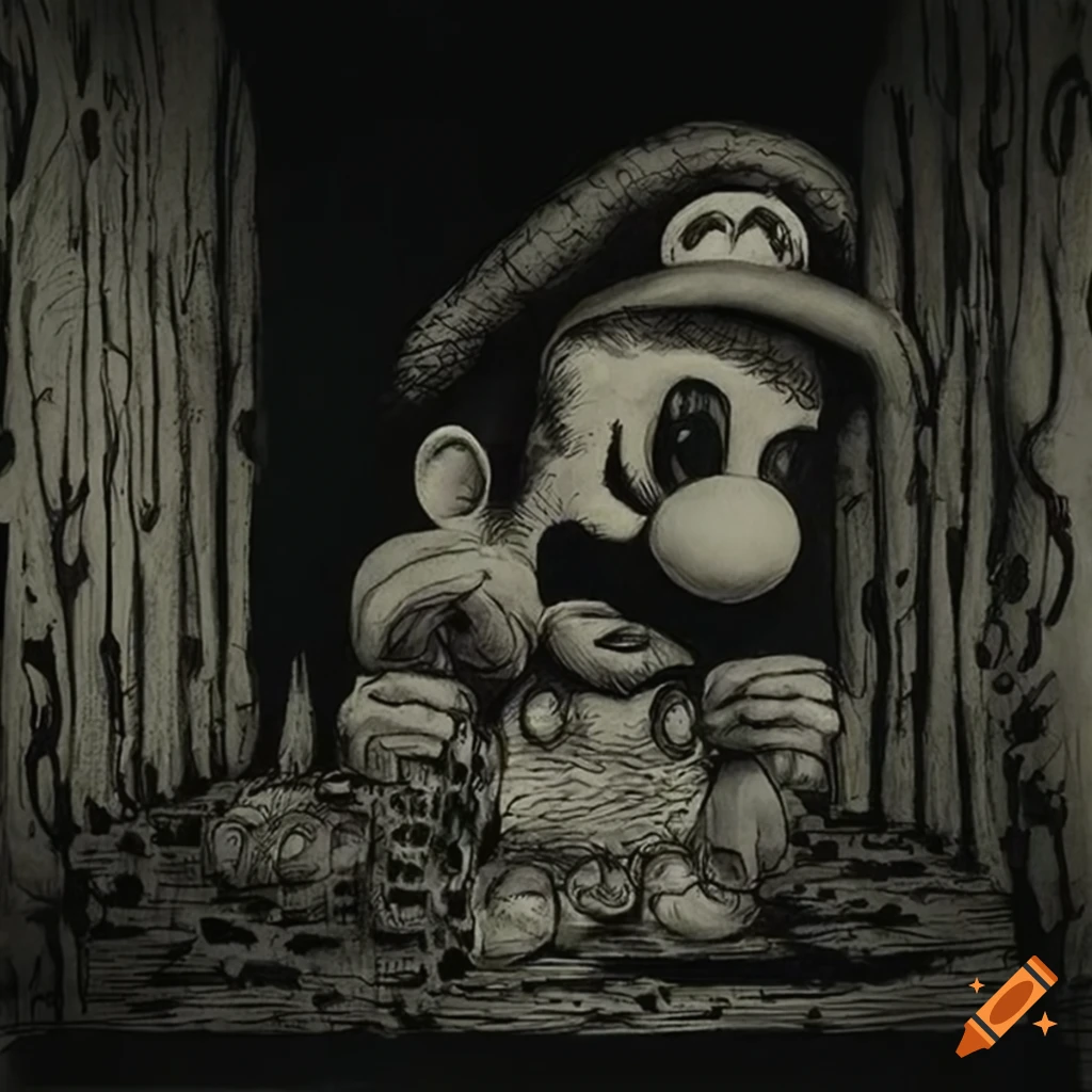 Surreal artwork of mario with eerie figures