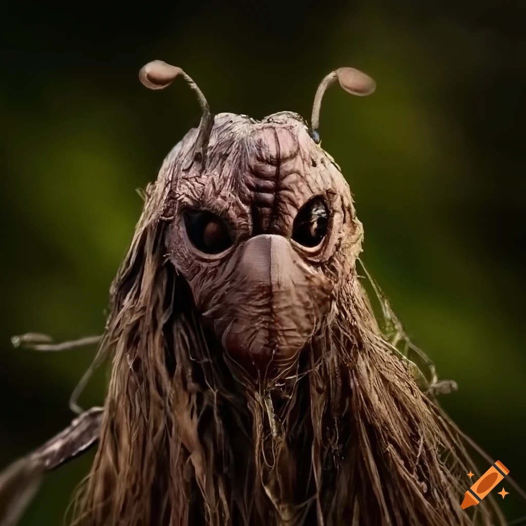 Realistic portrait of a bug-person hybrid wearing a leaf mask on Craiyon
