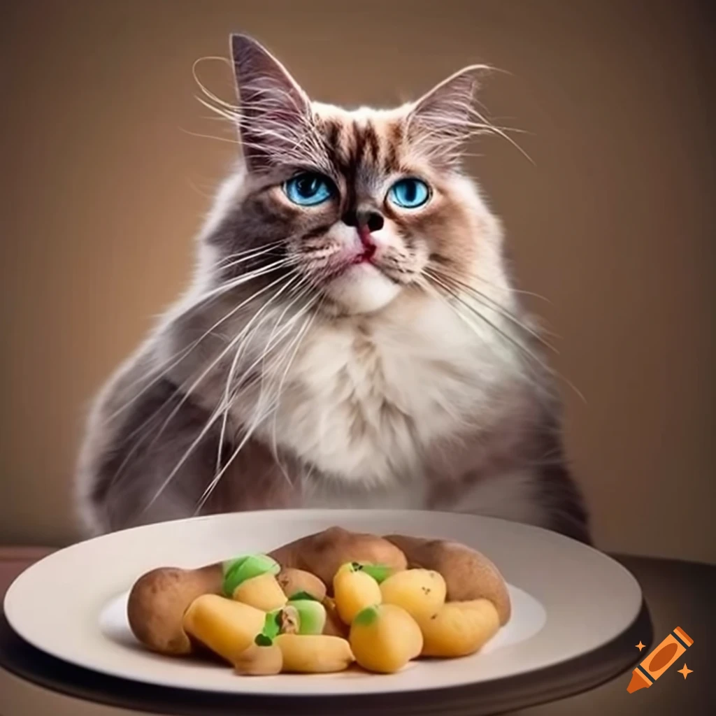Fluffy ragdoll cat enjoying a meal of potatoes on Craiyon