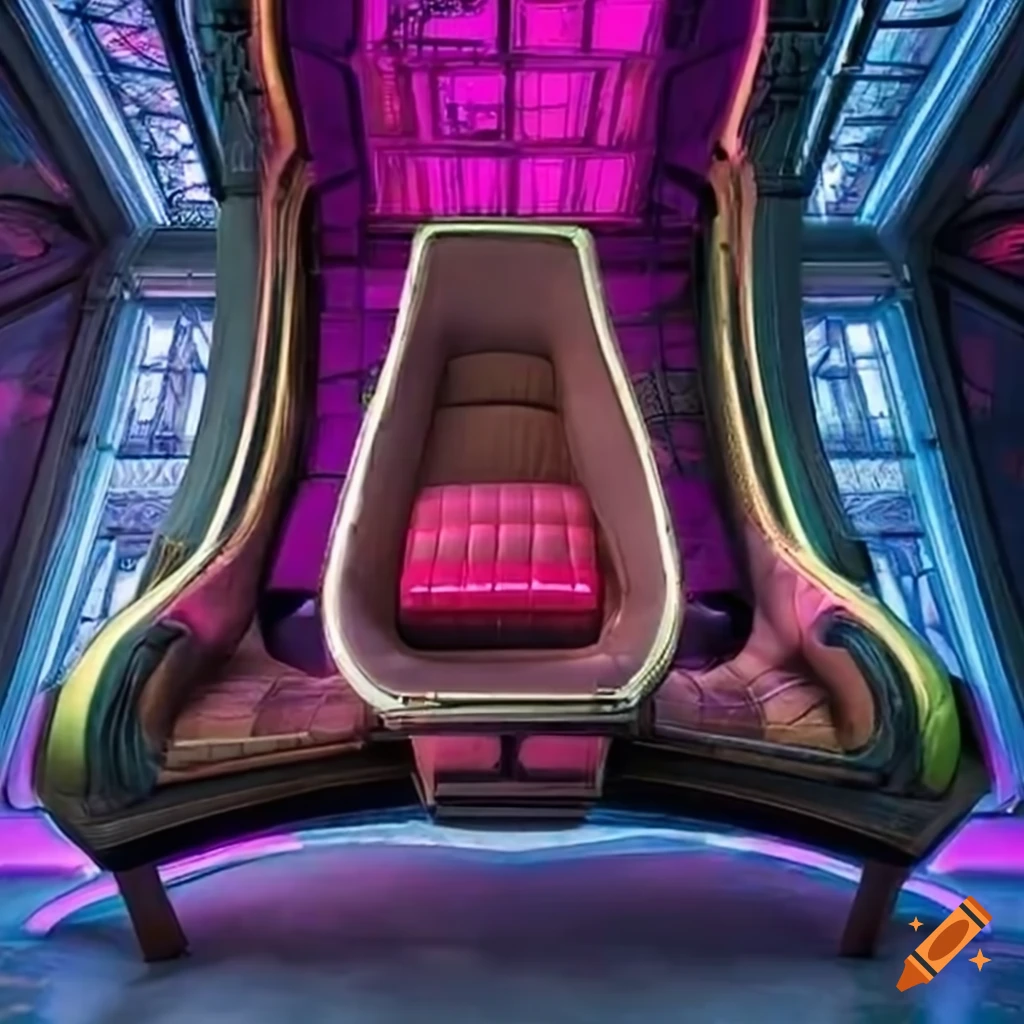 Futuristic chair in a cyberpunk hall on Craiyon