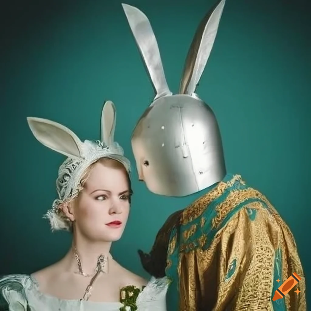 Photographic image of a nobleman and princess in easter bunny helmets ...
