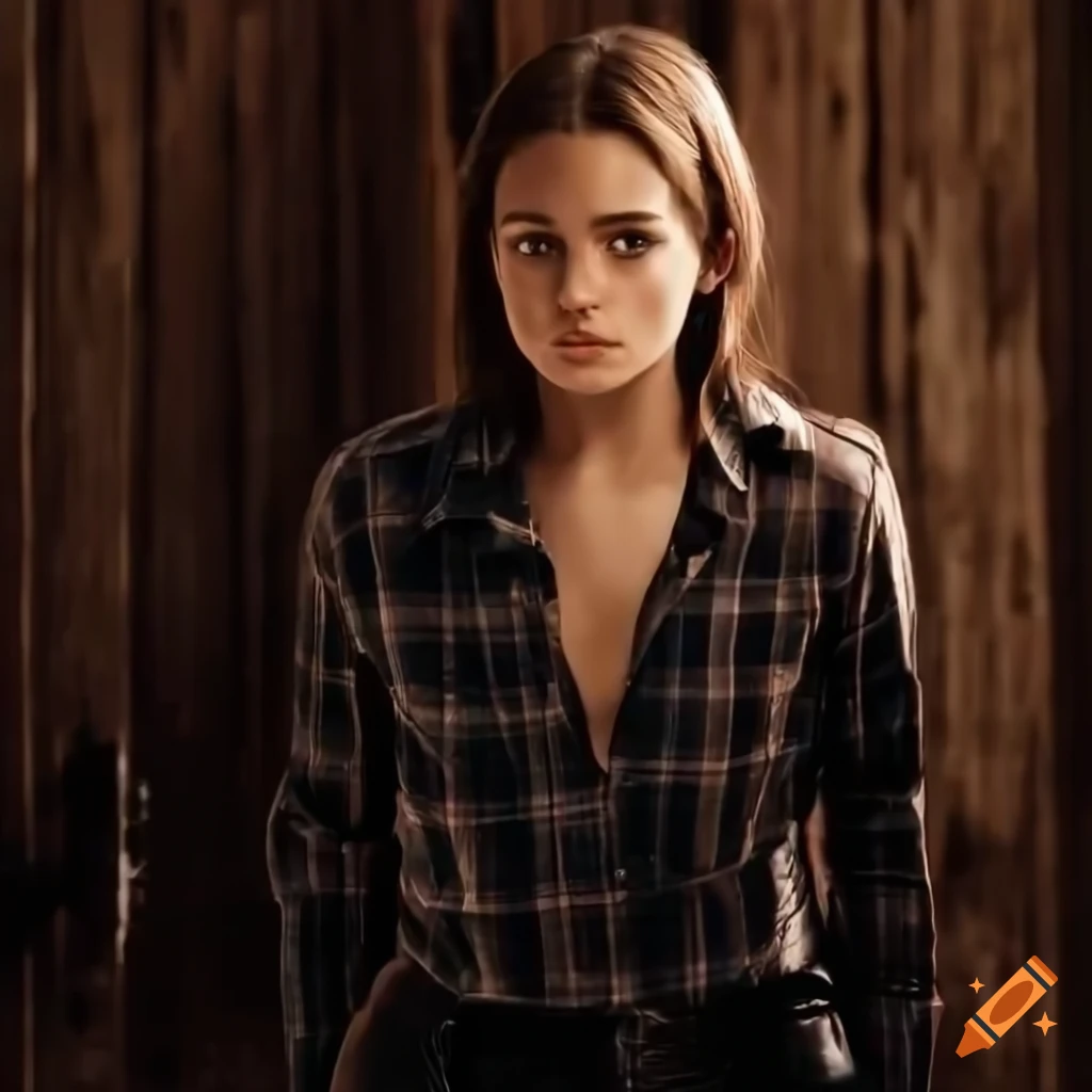Young Woman In Country Plaid Shirt And High Waist Black Leather