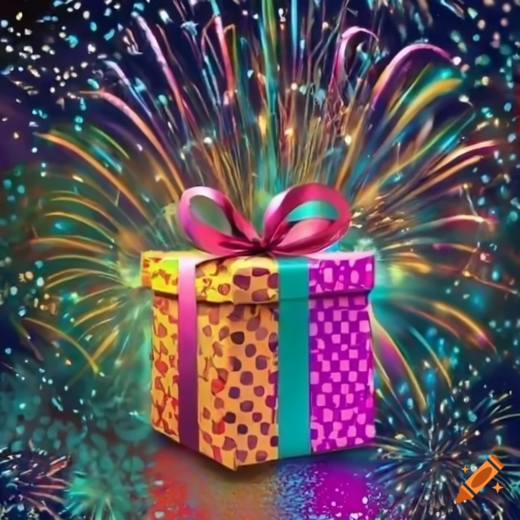 Colorful gift with fireworks in the background on Craiyon
