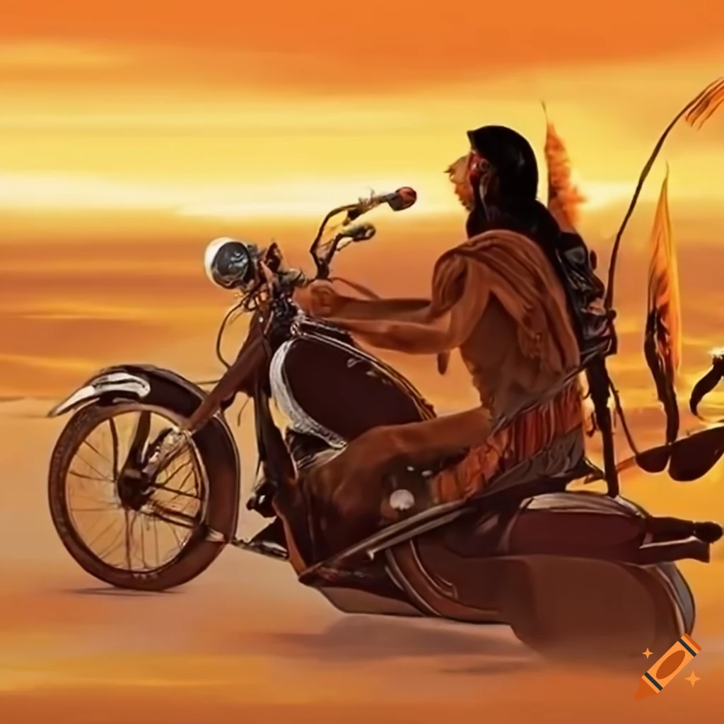 Native american riding a motorcycle with a crow on Craiyon