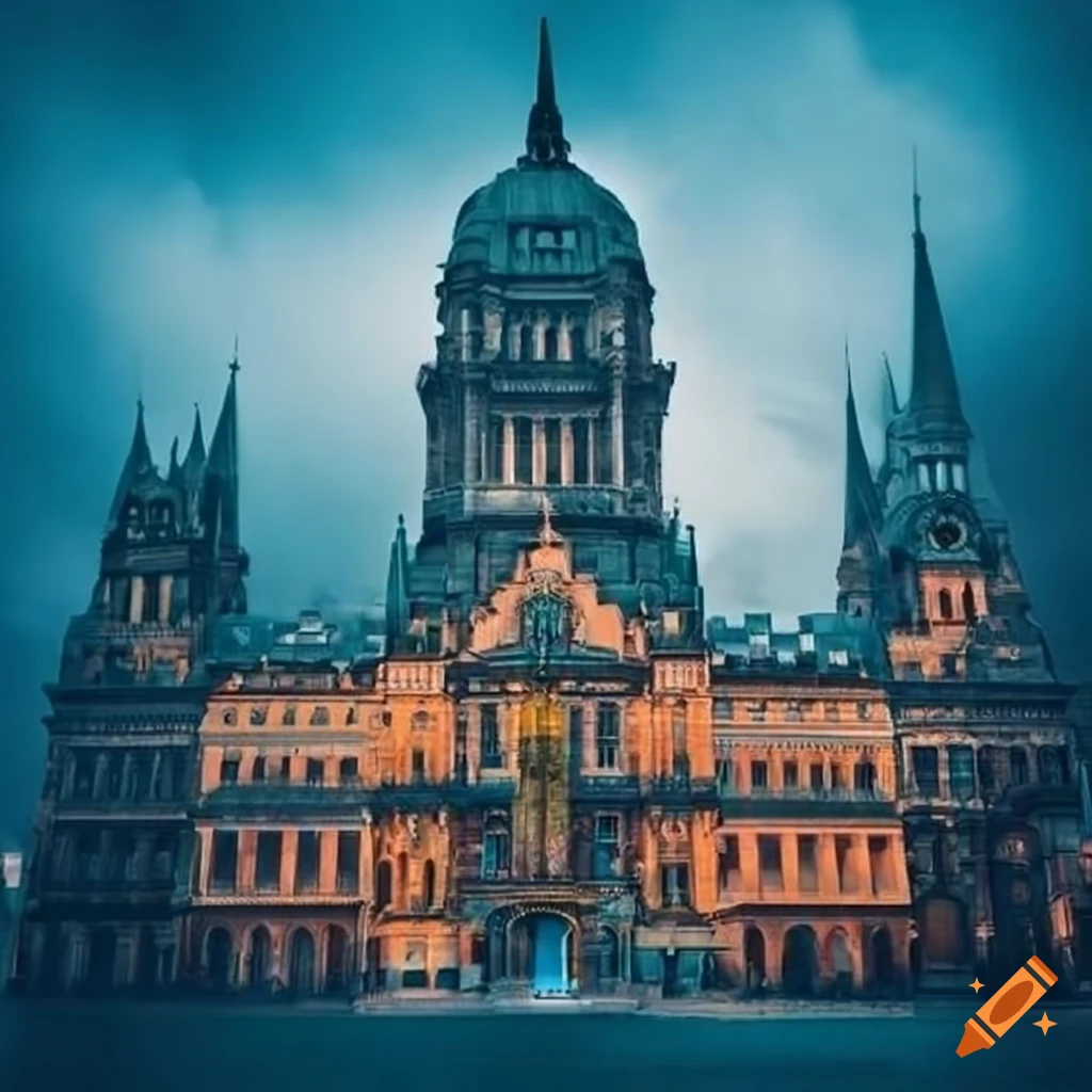 Aerial view of a grand town hall in a european city with speech bubbles ...