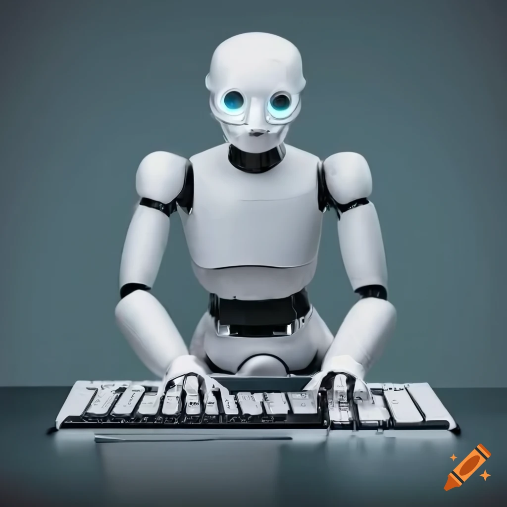 White robot working on a computer on Craiyon