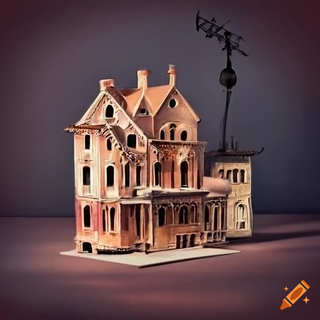 Vintage paper model of a haunted house with tv antenna in a Venice ...
