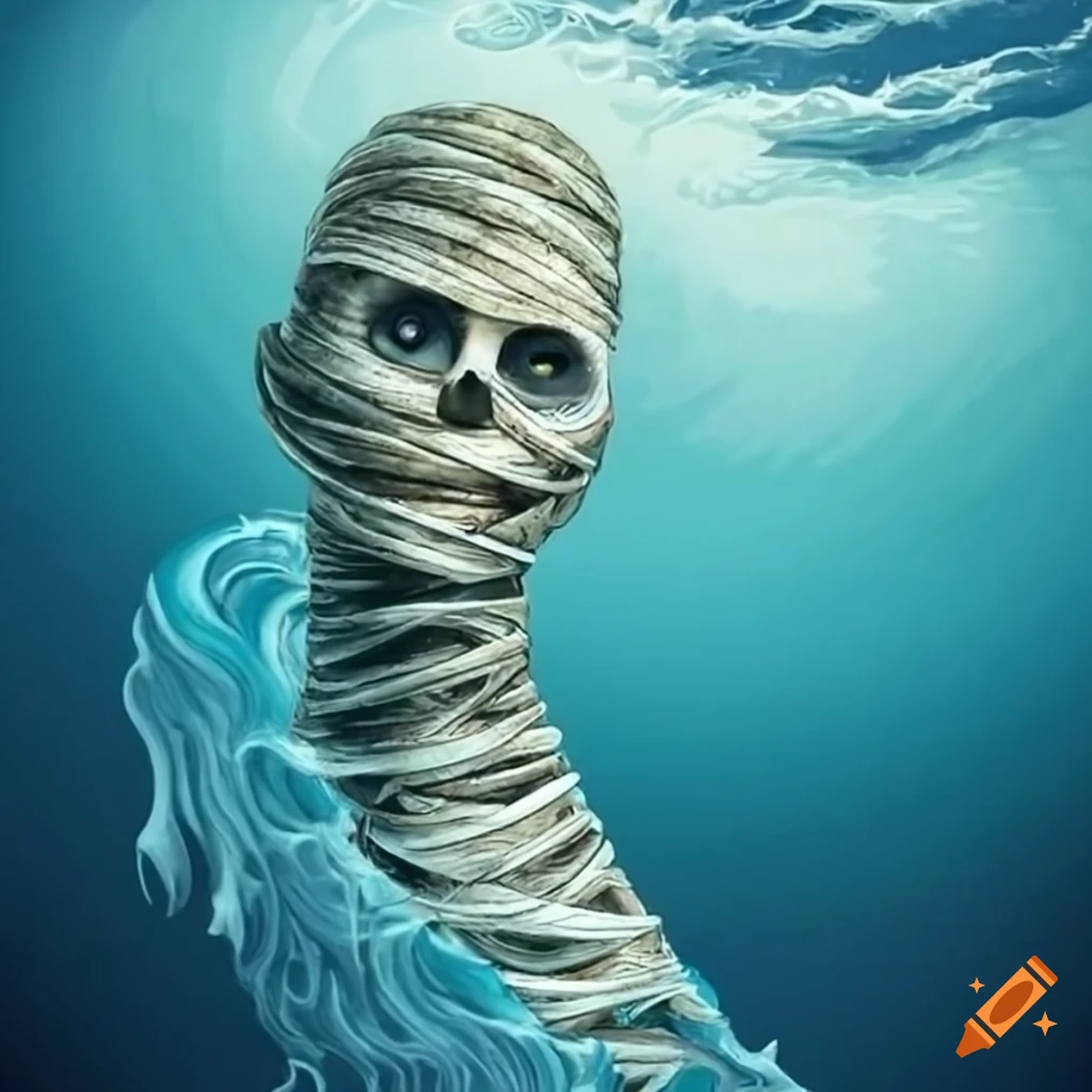 Artwork of a mummy submerged in the sea