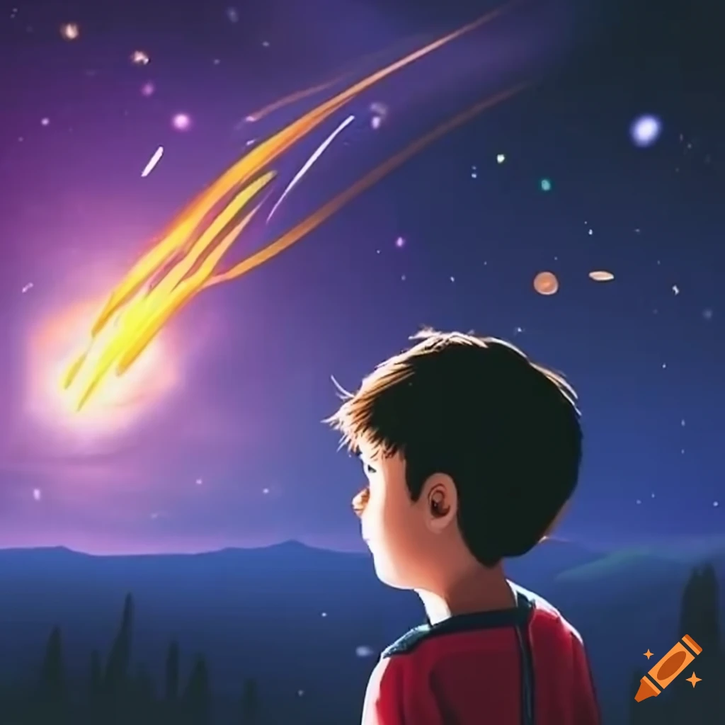 Boy witnessing a meteor approaching on Craiyon