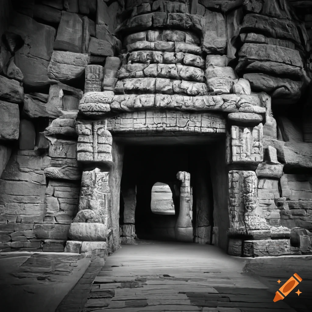 Entrance of a stone age temple with dragontree on Craiyon