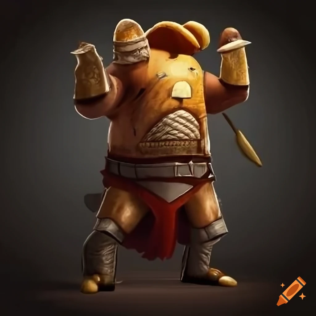 Illustration of a potato chip warrior with a french fry helmet on Craiyon