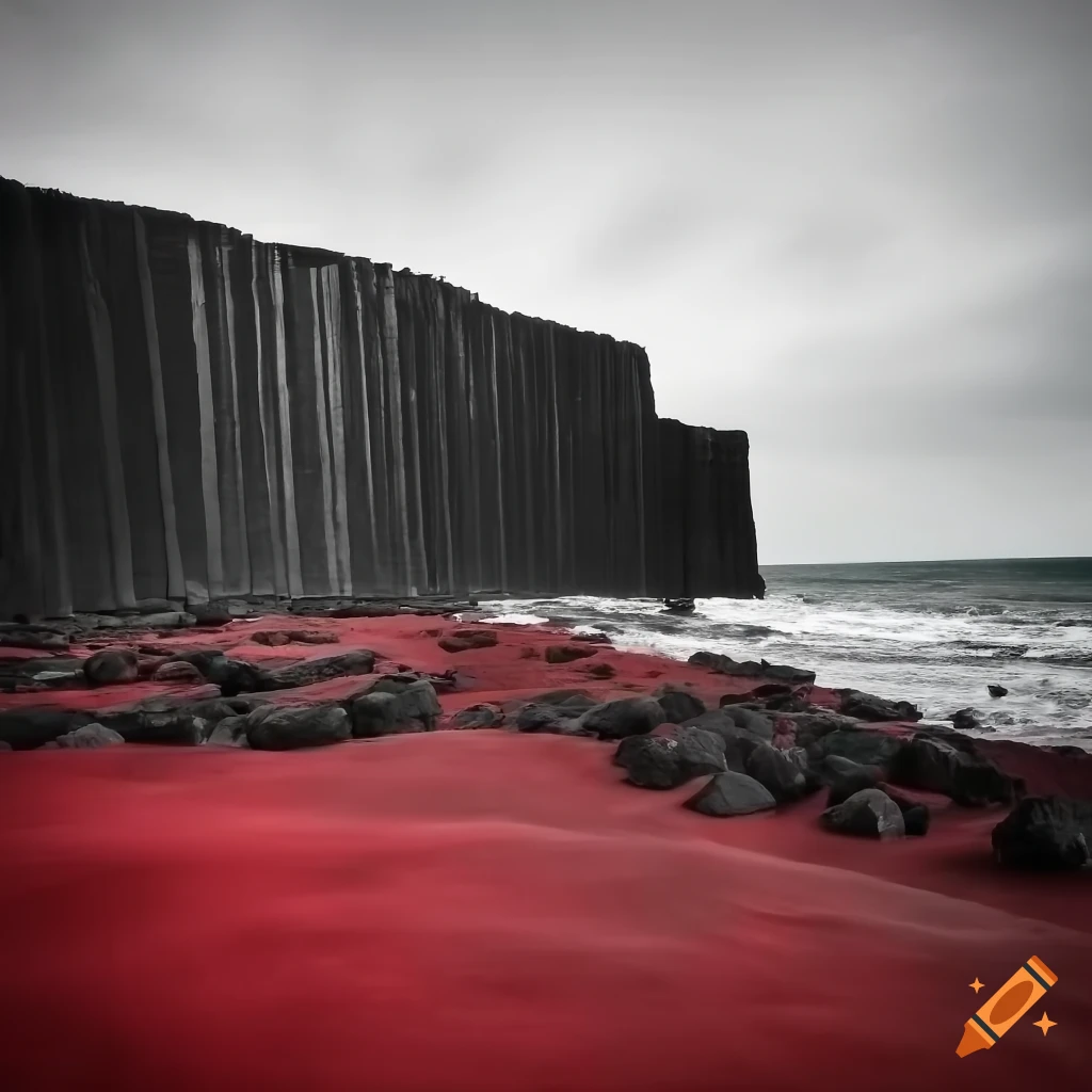 Black basalt columns on a rough beach on Craiyon