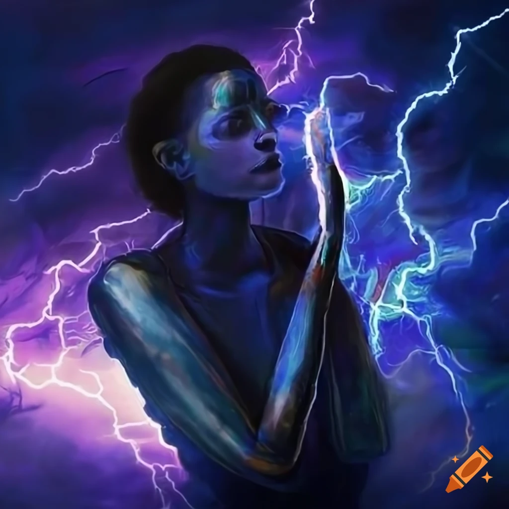 Painting of electrified skin with lightning background