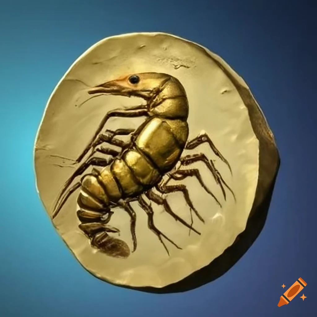 Gold coin with shrimp fossil design