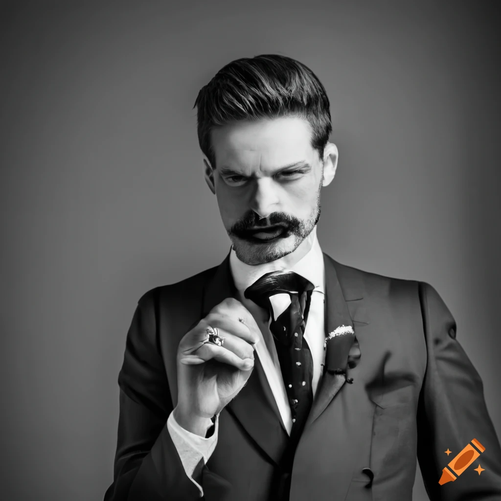 Black and white portrait of a stylish man with a mustache