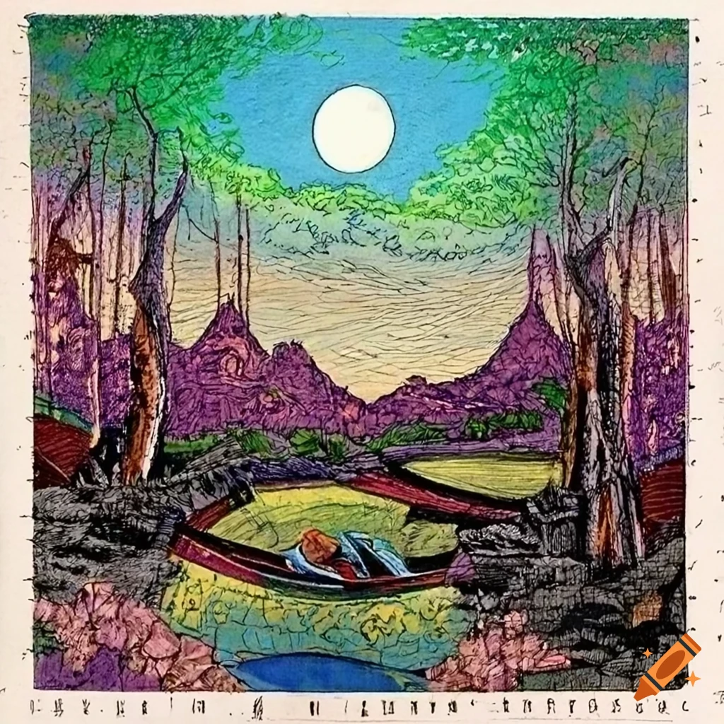 Color pen and ink landscape with serpents, grapevines, oak forest ...