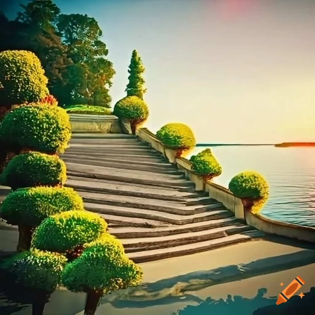 Paradise garden with triangular lawn and tall conifers and flowers on ...