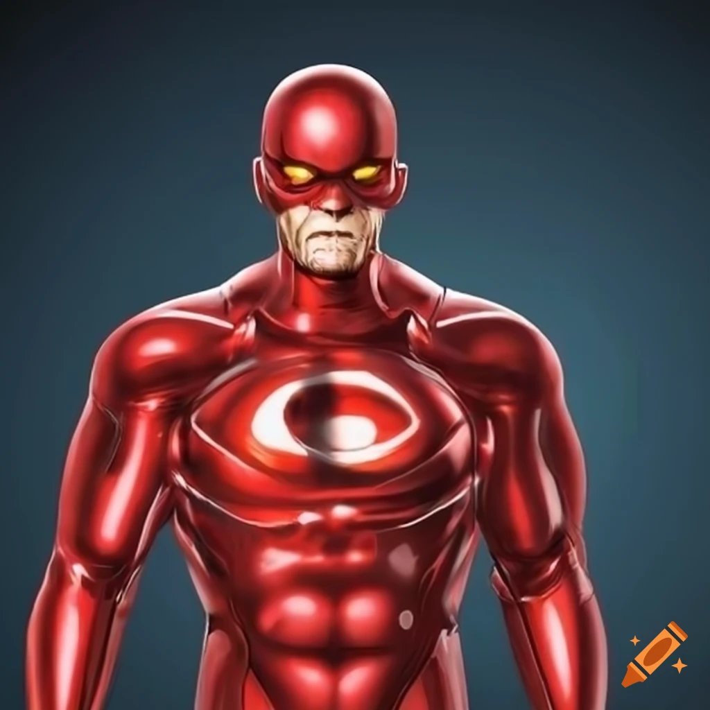 Illustration of a powerful superhero in a red metallic suit on Craiyon