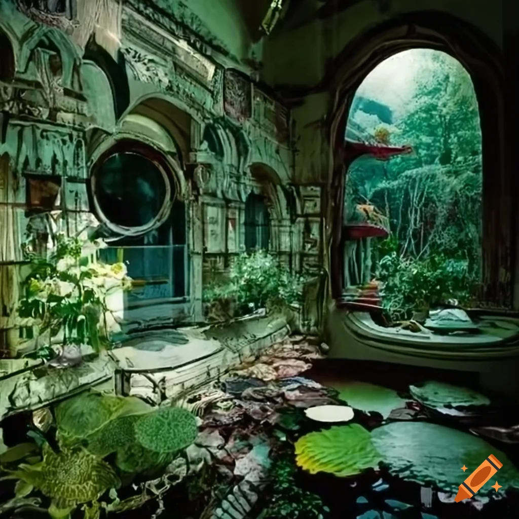 Futuristic spaceship interior with gardens