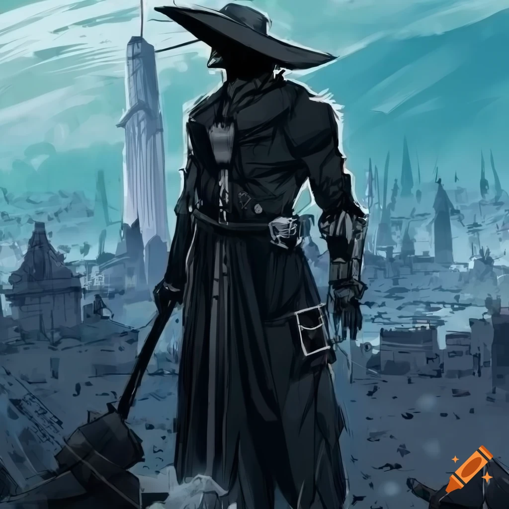 Manga-style character standing on a tower overlooking the city on Craiyon