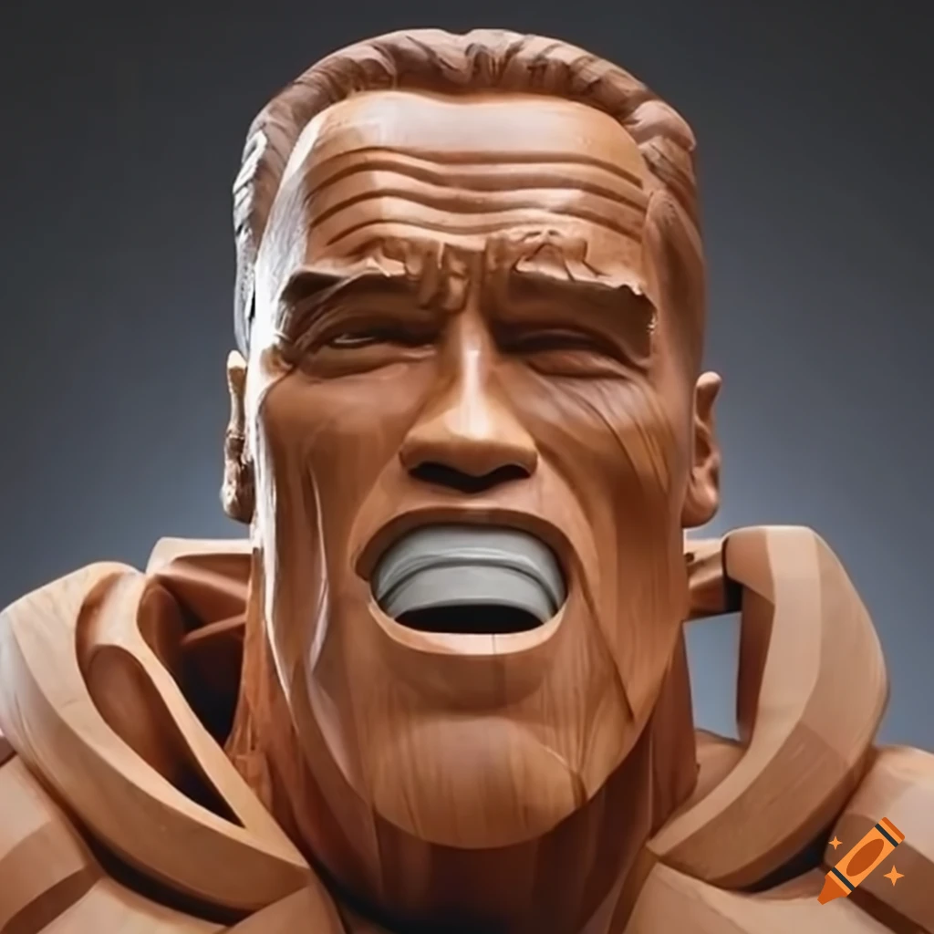 Wood sculpture of arnold schwarzenegger as buzz lightyear